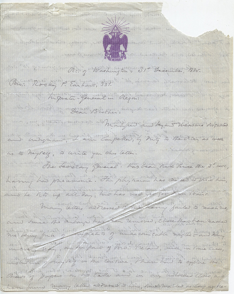Letter from Albert Pike to Rocky P. Earhart December 31, 1885 by ...